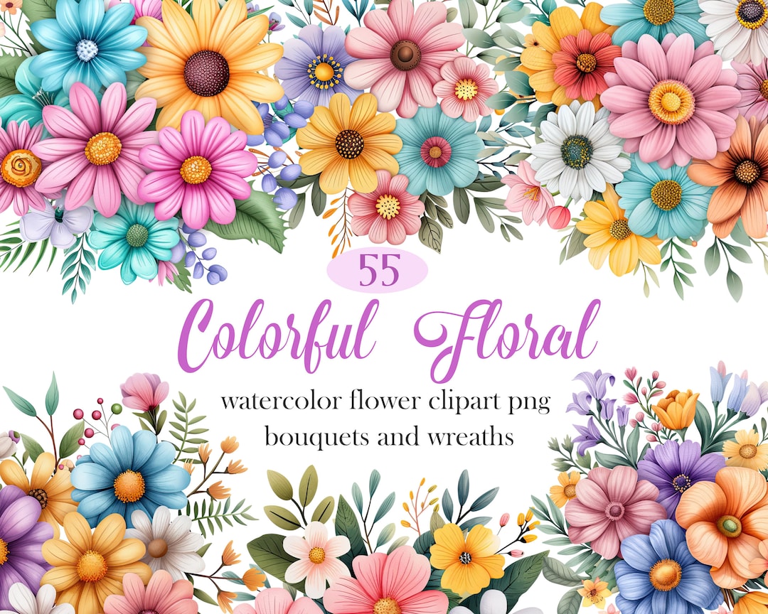 Colorful Floral Clipart, Summer Flower PNG, Floral Bouquet, Wreath ...