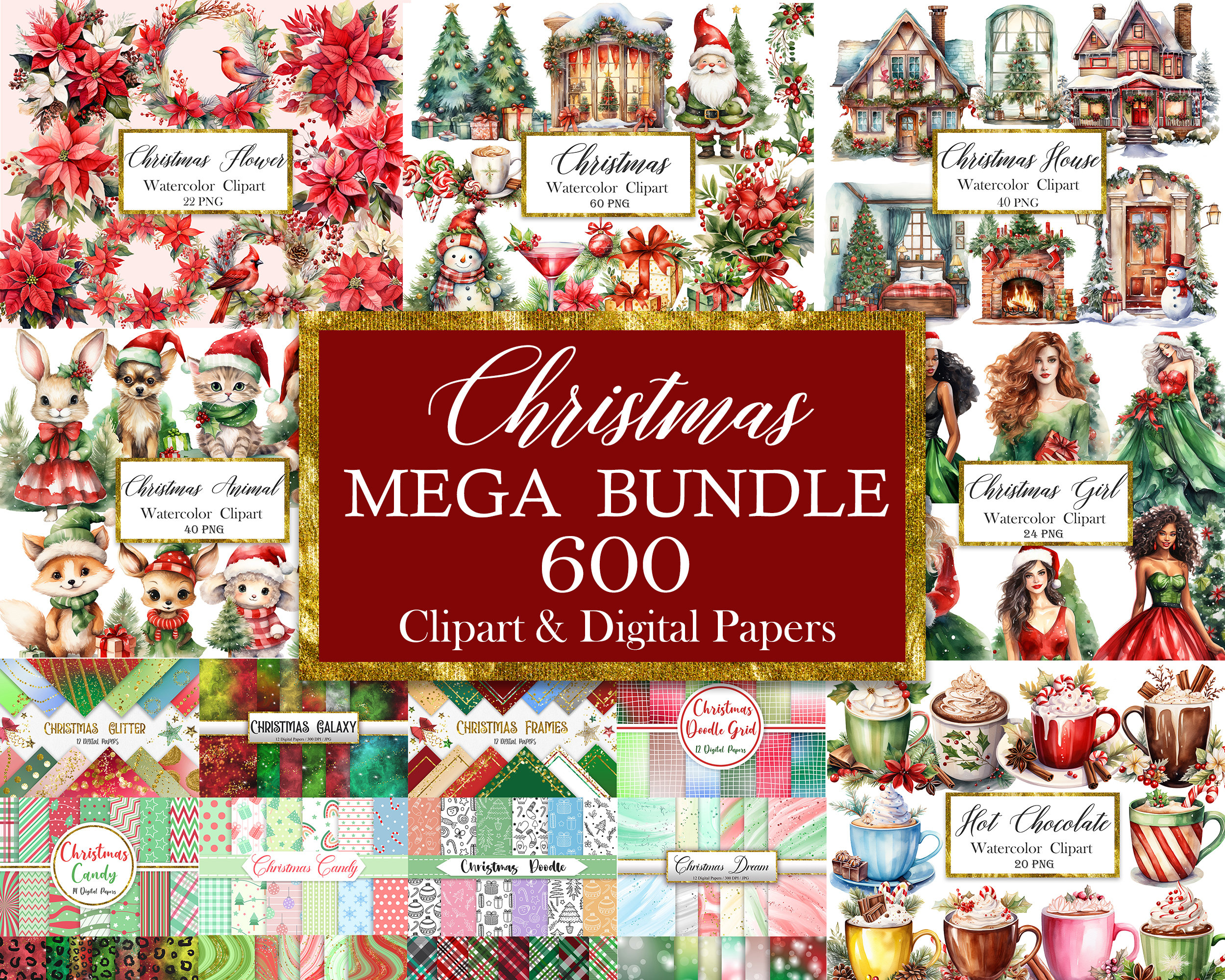 Christmas Clipart Bundle, Watercolor Christmas Ornaments Clipart ...