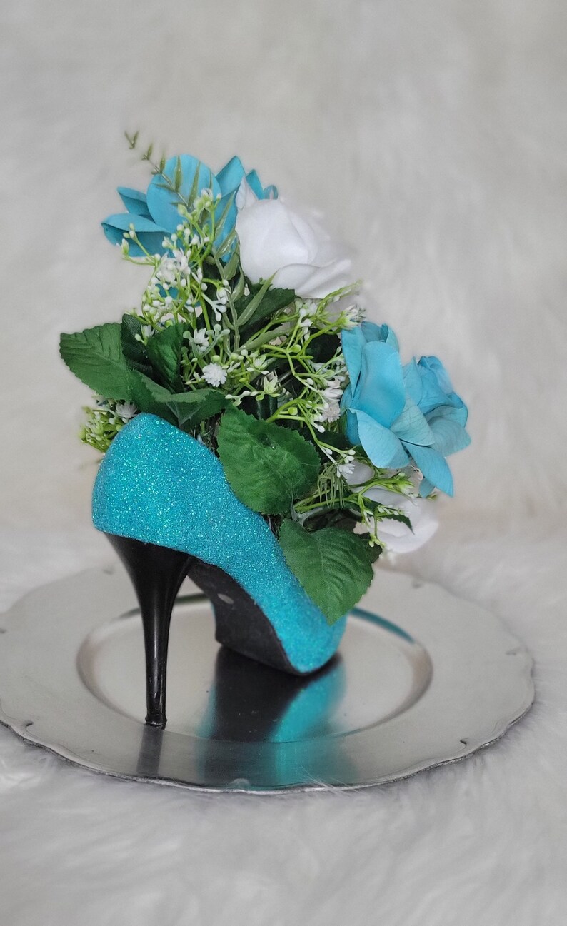 Aqua Glitter High Heel Vase, Centerpiece, Shoe Bouquet, Unique Floral ...