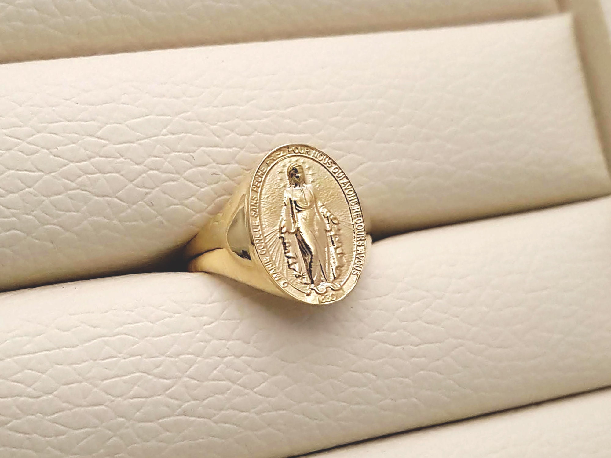 14k 18k Gold Miraculous Medal Ring - Blessed Virgin Mary Catholic Ring ...