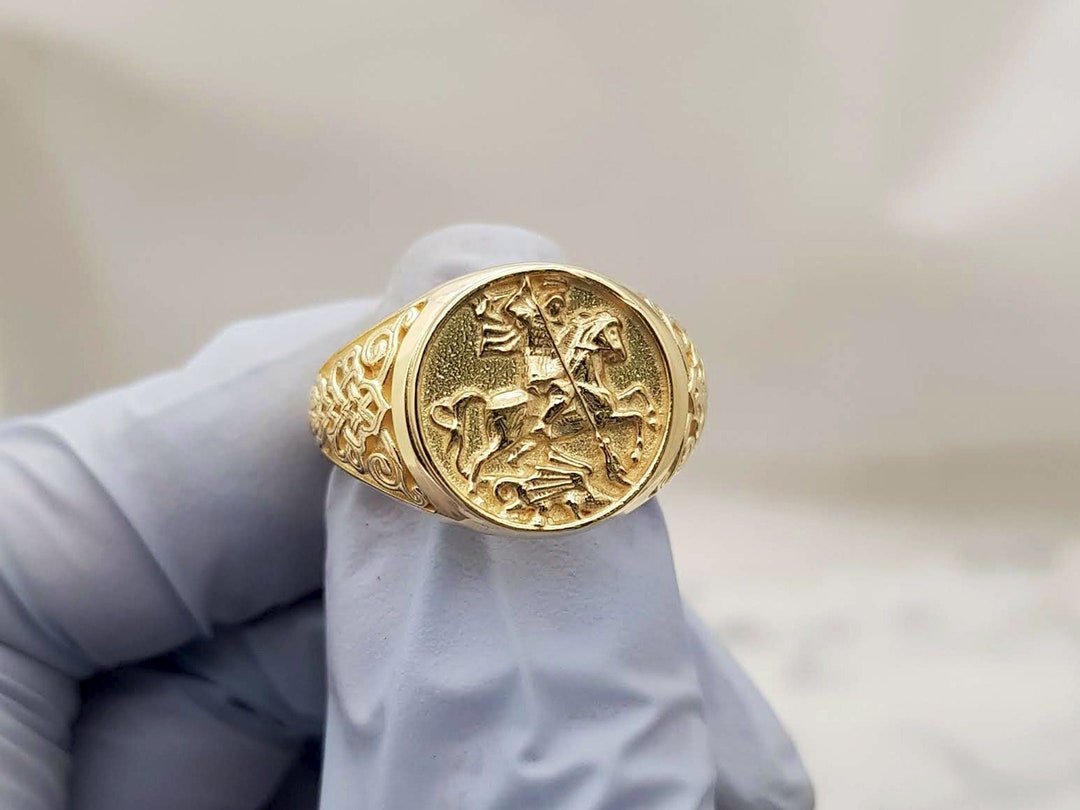 14k 18k Gold St George Ring, Mens Ring Gold, Circle Saint George Gold ...