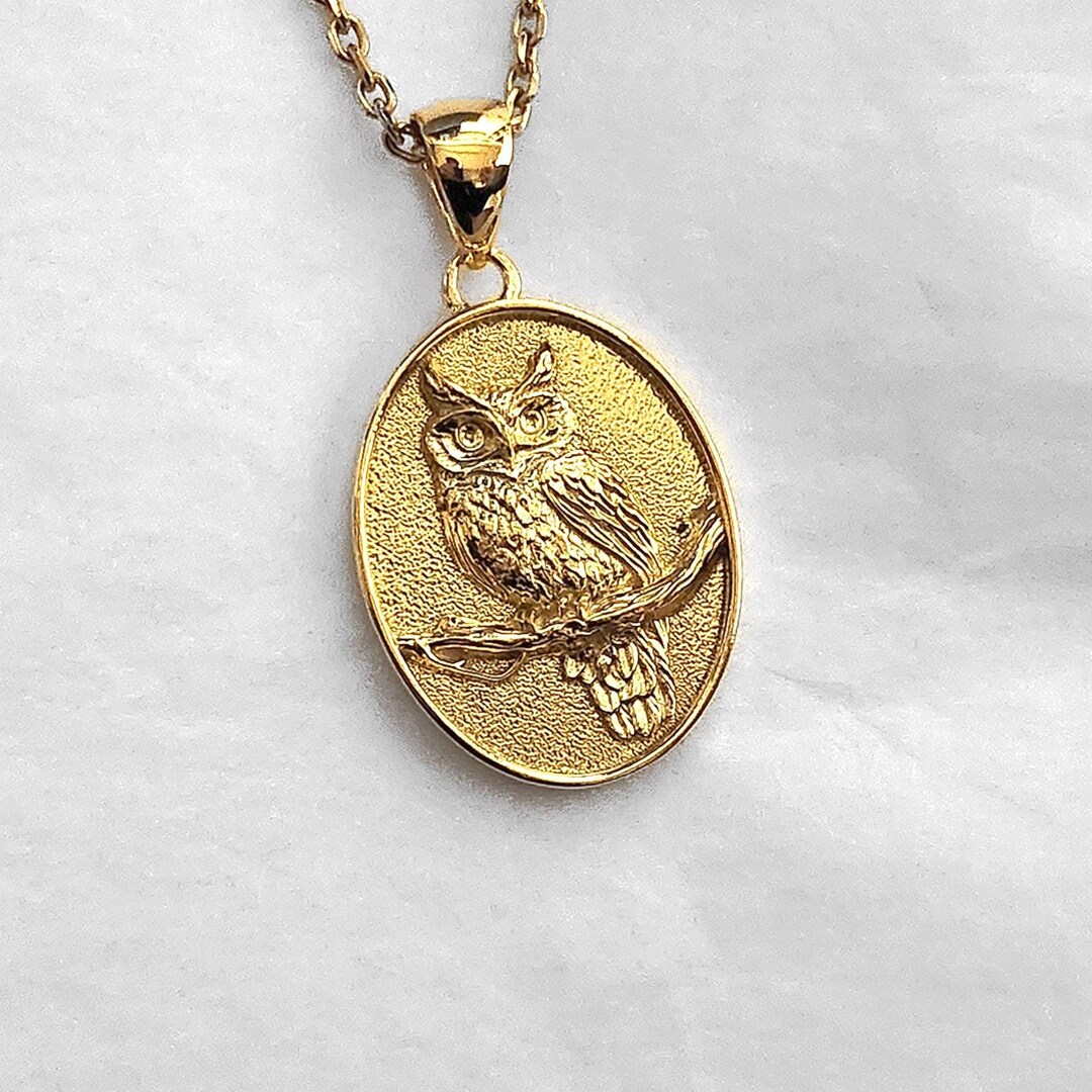 18k 14k Gold Oval Owl Pendant 1, Owl Necklace, Mens Gold Necklace, Mens Gold Pendant - Etsy