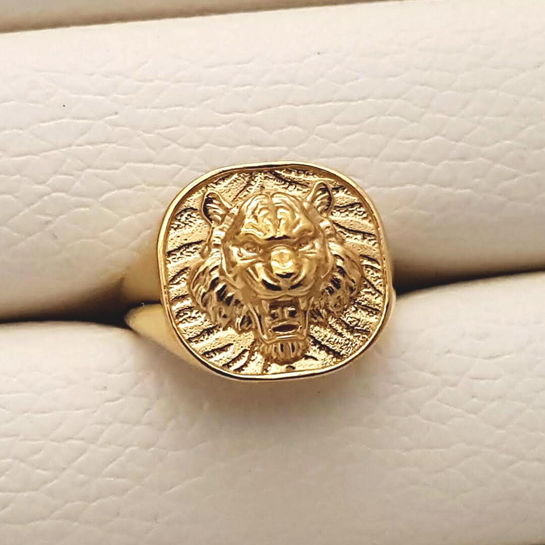 18k 14k Gold Tiger Ring Men, Mens Gold Ring - Etsy