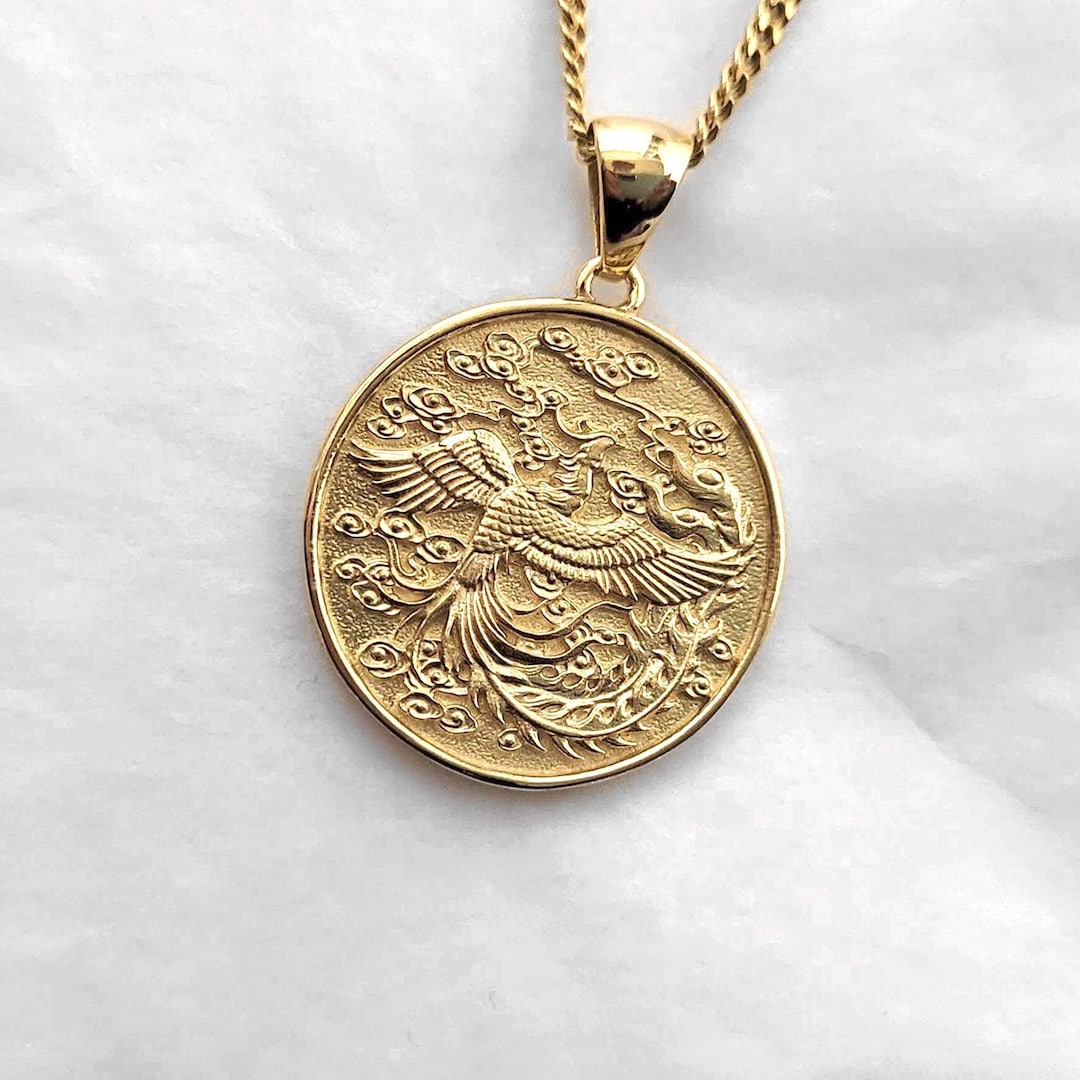 14k 18k Gold Phoenix Necklace Men 2, Phoenix Pendant, Mens Gold Pendant ...