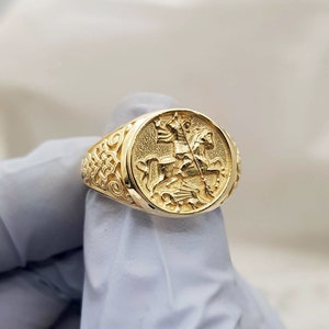 14k 18k Gold St George Ring, Mens Ring Gold, Circle Saint George Gold ...