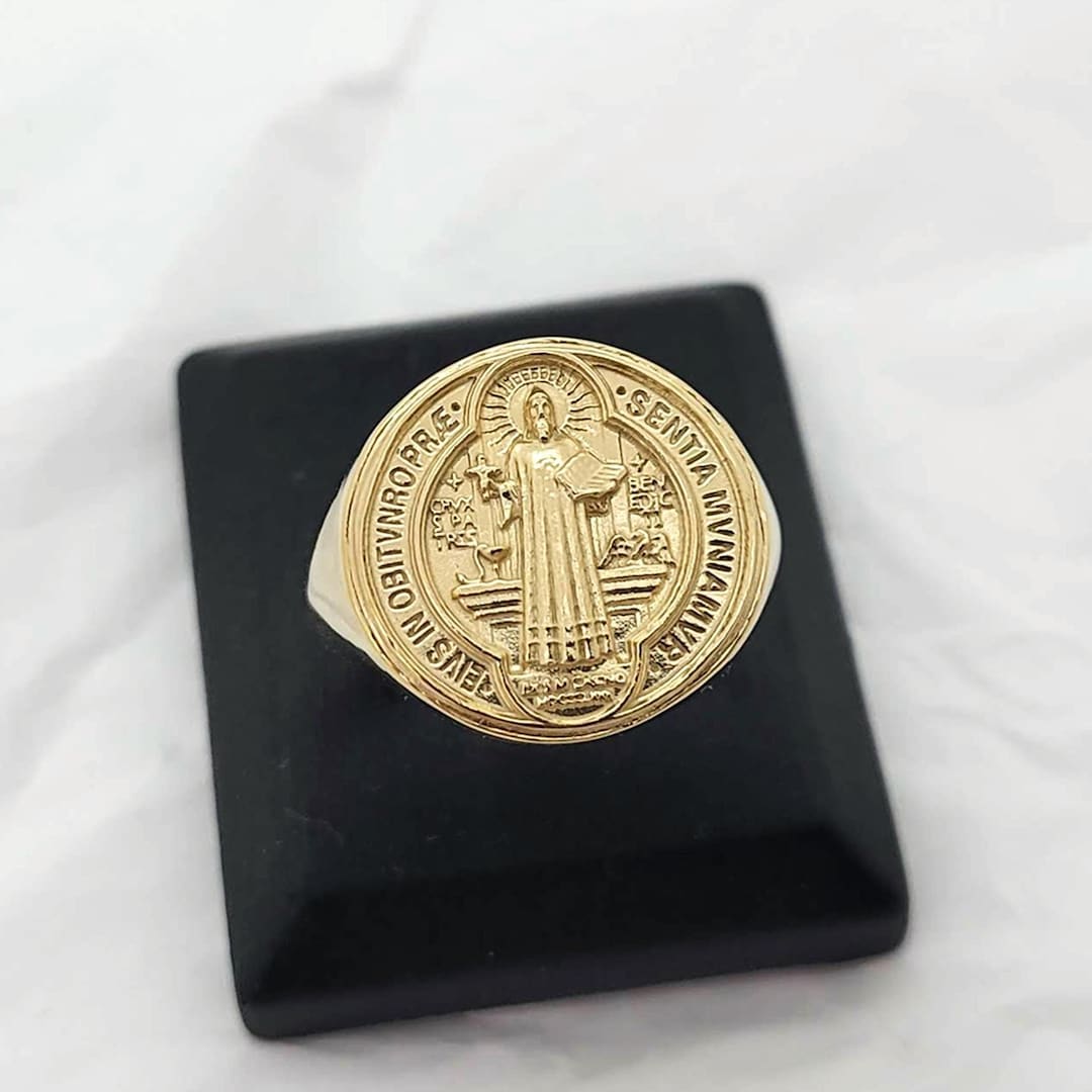 14k 18k Gold St Benedict Medal Ring Men, Mens Gold Ring, Catholic - Etsy