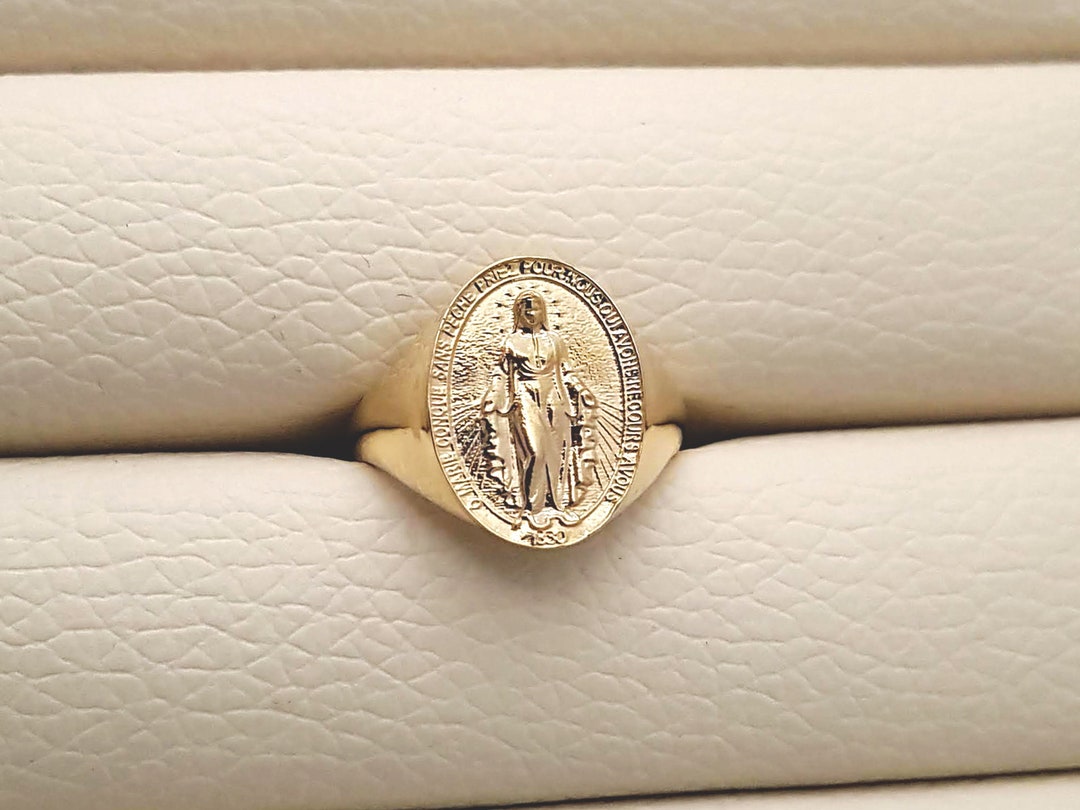 14k 18k Gold Miraculous Medal Ring - Blessed Virgin Mary Catholic Ring ...