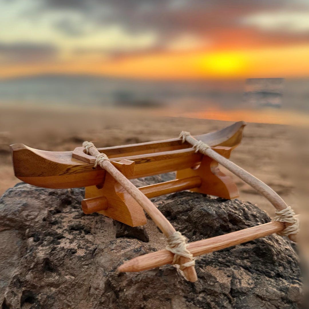 Handcrafted Wooden Outrigger Canoe Model With Stand – 9" Decorative ...