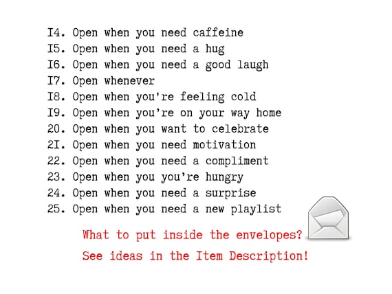 Open When Letters List