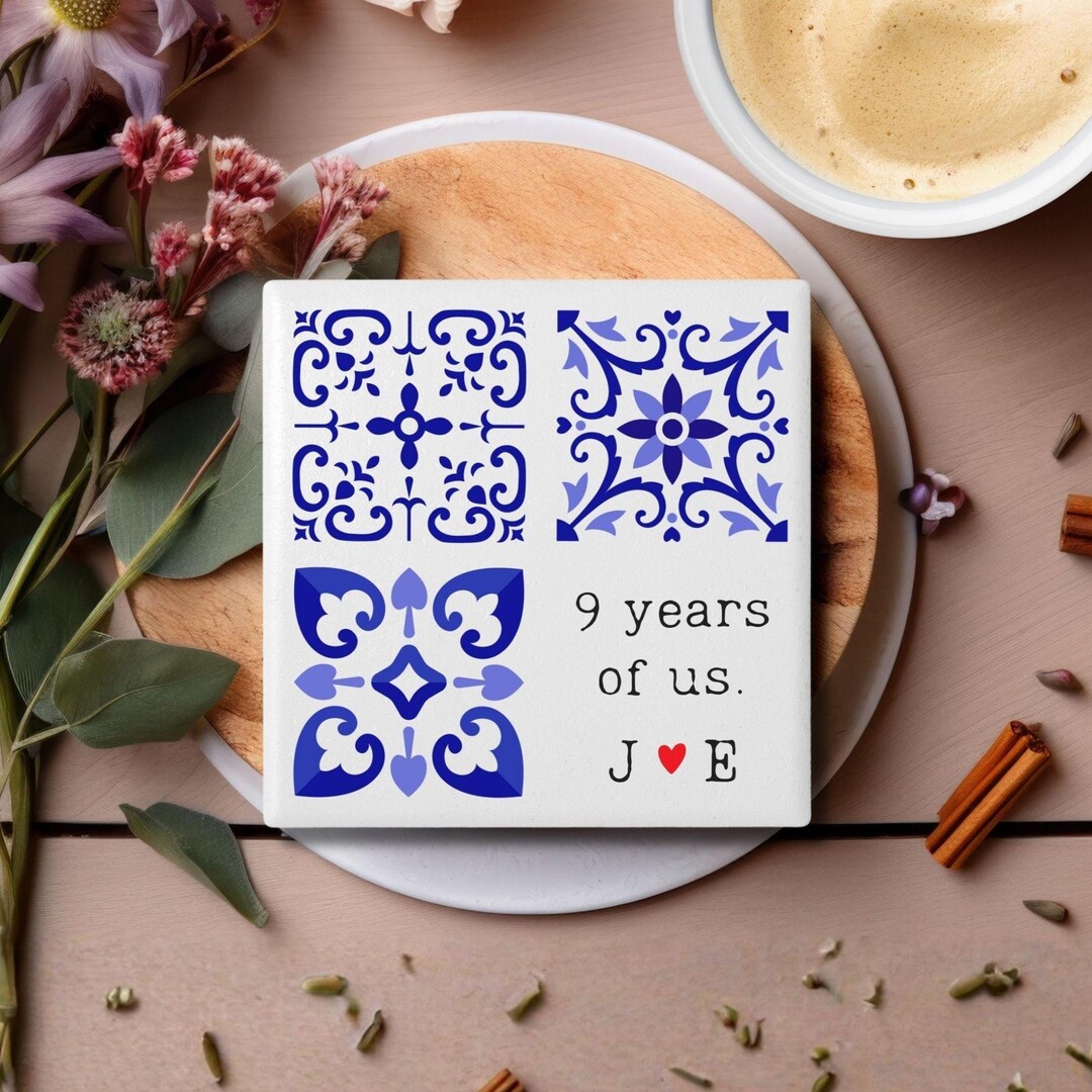 9th Anniversary Pottery Ceramic Coaster Gift for Her 9 Year Nine Ninth ...