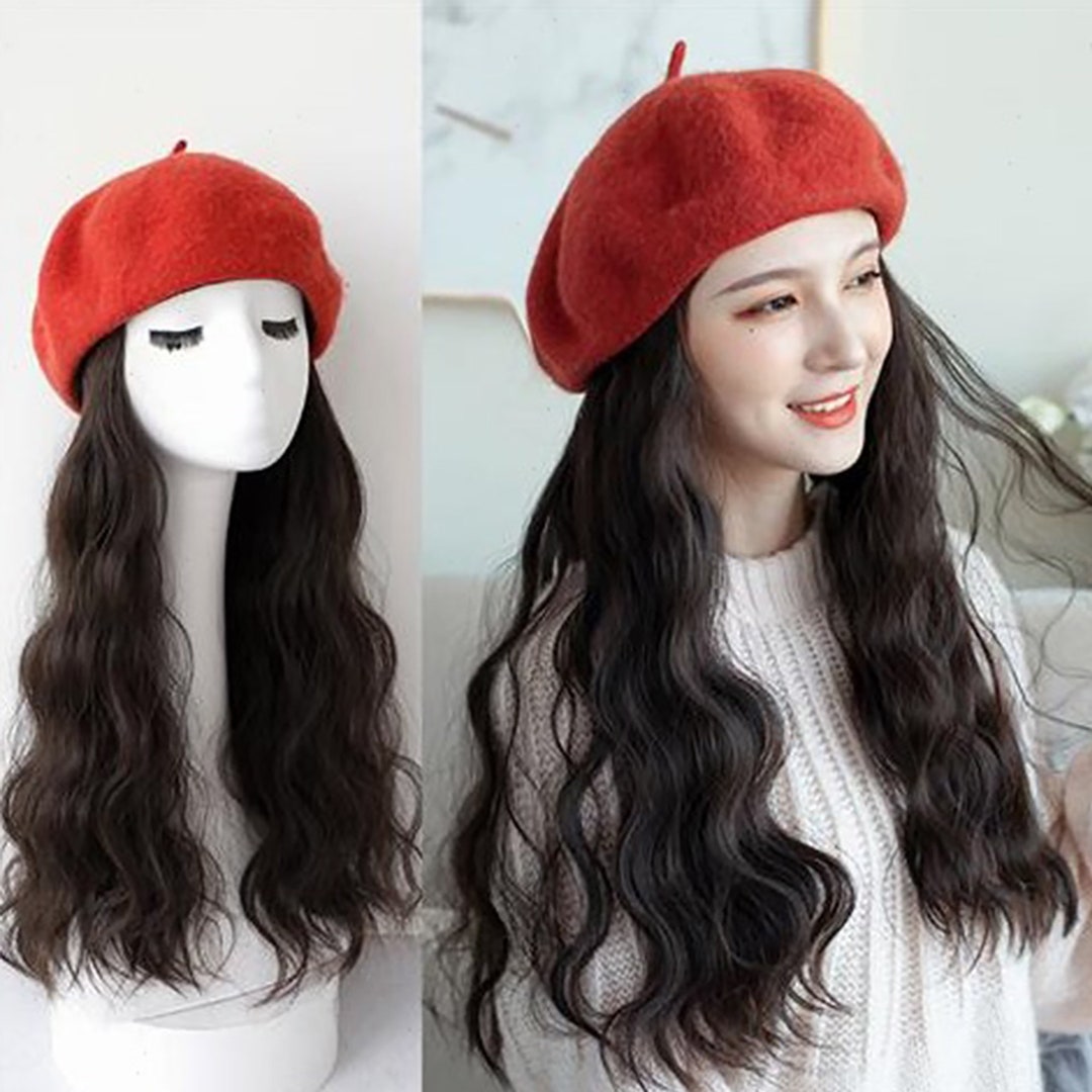 Hat Wig for Women Beret Cap Wool Tweed Curly Hair Extensions Wig ...