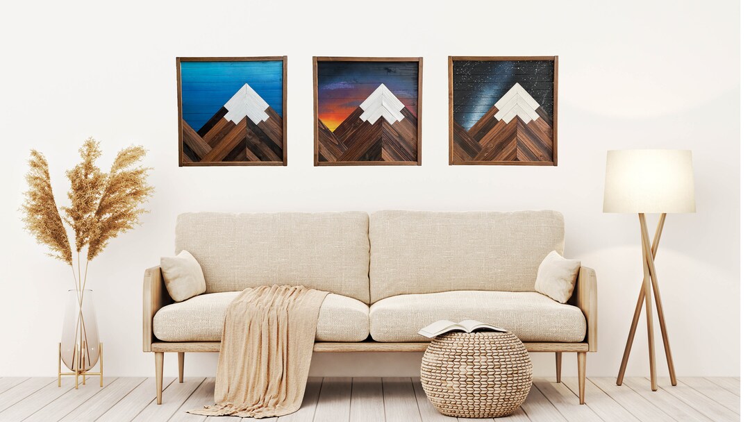 Mountainscape Art Panel, Wooden Mountain Art, Snowy Mountain, Sunrise ...