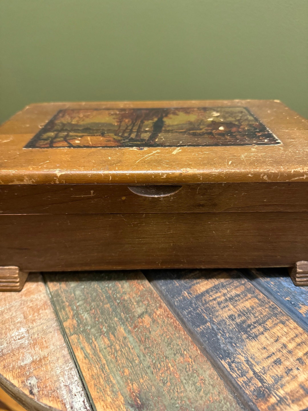 Vintage Rustic Wood Box With Country Picture, Primitive Hinged Sewing ...