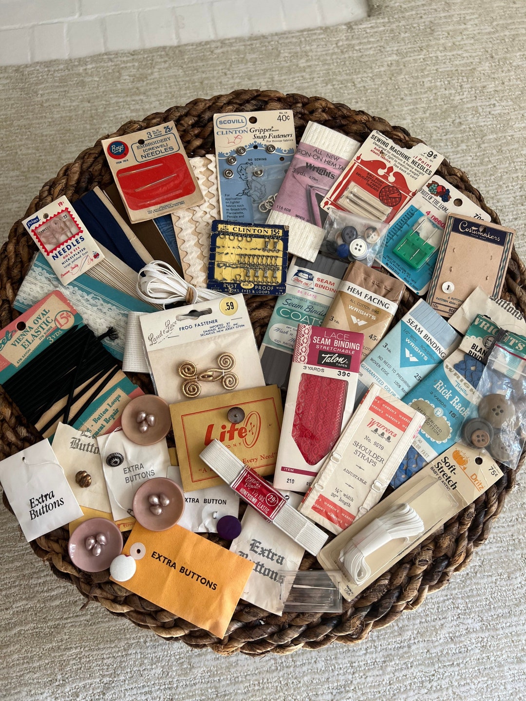 Impressive Assortment of Vintage Sewing Materials, Buttons Fasteners ...