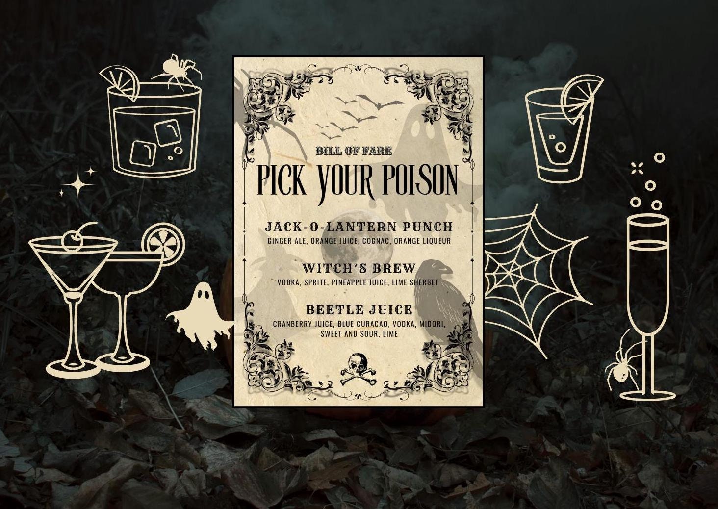 Pick Your Poison Printable Bar Menu, Vintage Halloween Party Cocktails ...
