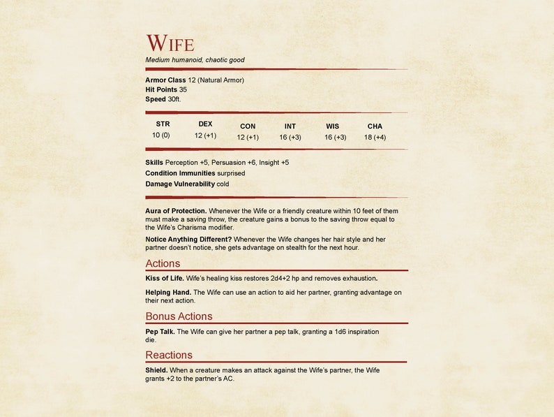D&D Wife Stat Block Tumbler | Dungeons and Dragons Wife Gift - Etsy