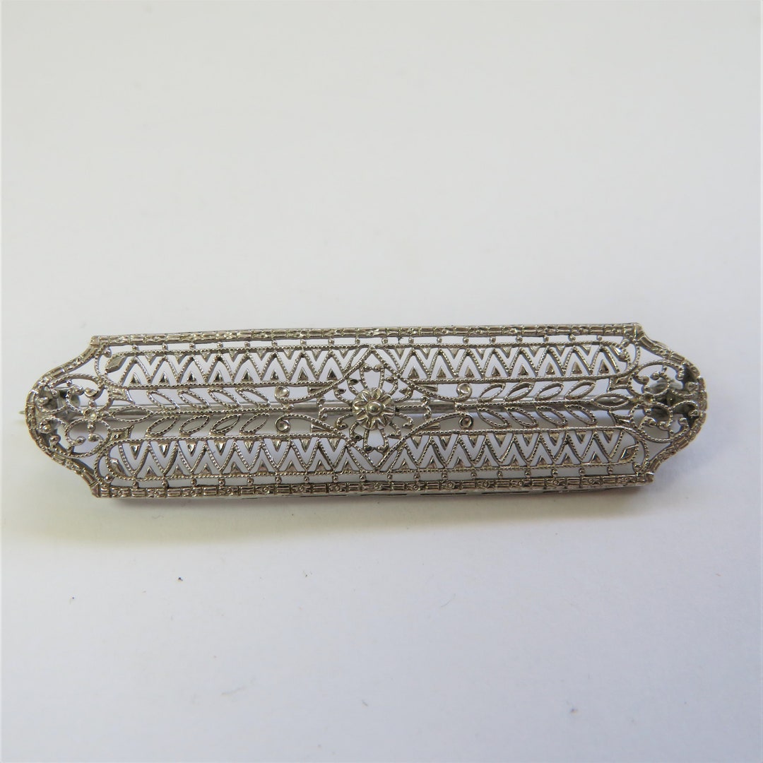 10K White Gold Filigree Bar Pin With Safety Clasp - Etsy