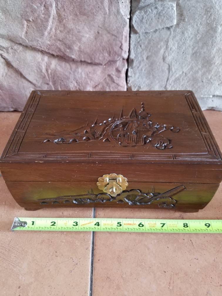 Vintage Asian Chinese Handmade Hand Carved Wood Jewelry Box Vintage Asian Chinese Handmade Hand Carved Wood Jewelry Box