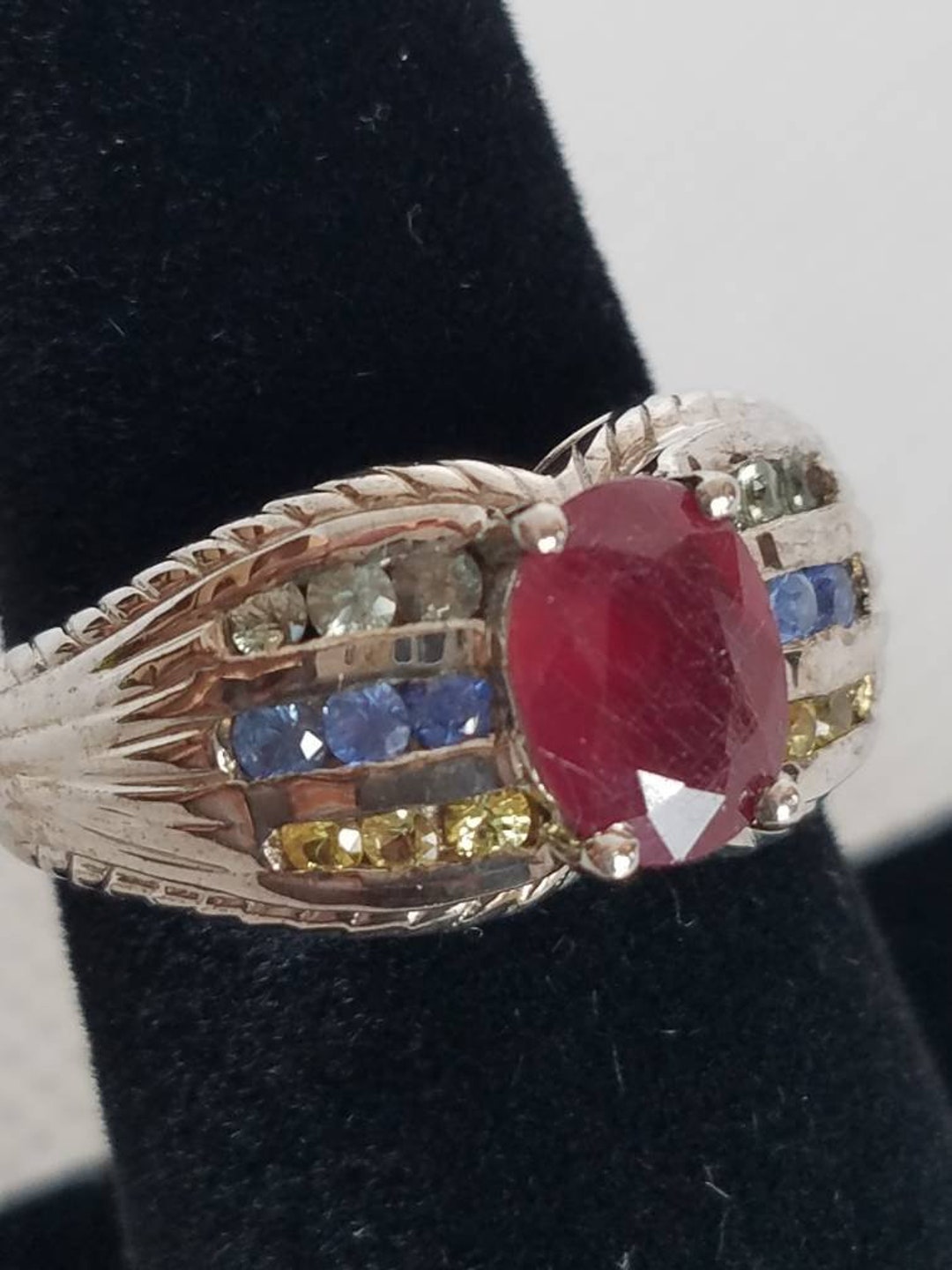 Estate Ruby Genuine Ring Vintage Antique Oval With Sapphires Blue Green ...