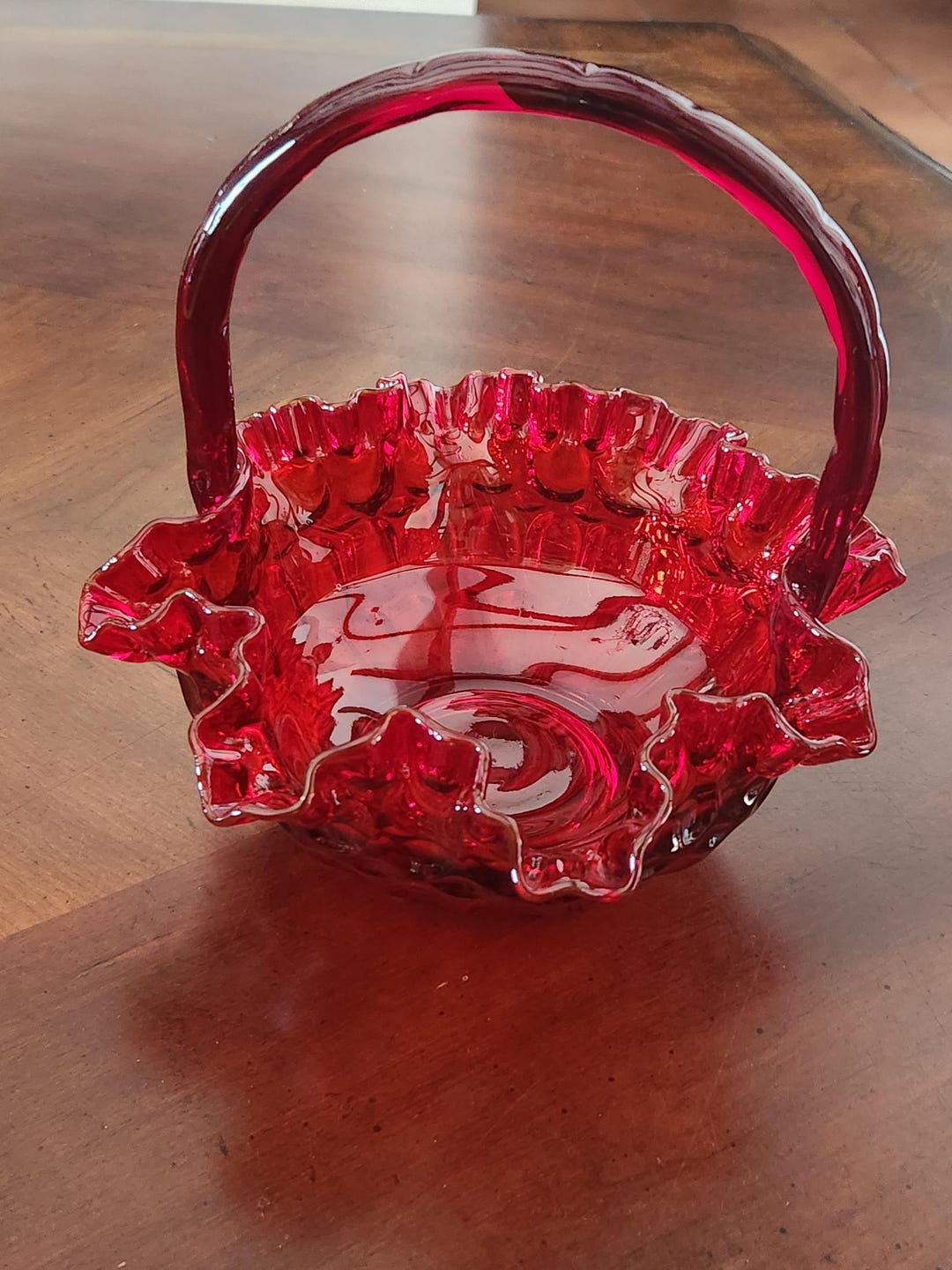 Fenton Ruby Red Glass Basket Bowl With Ruffled Edge Large Excellent ...