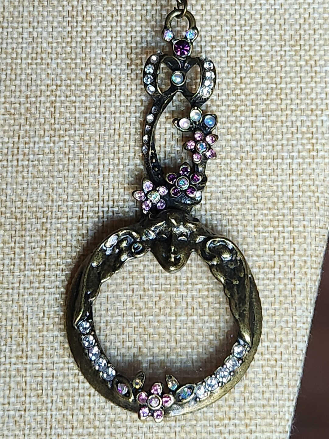 Sweet Romance Bronze Angel Rhinestones Pendant Necklace Floral ...