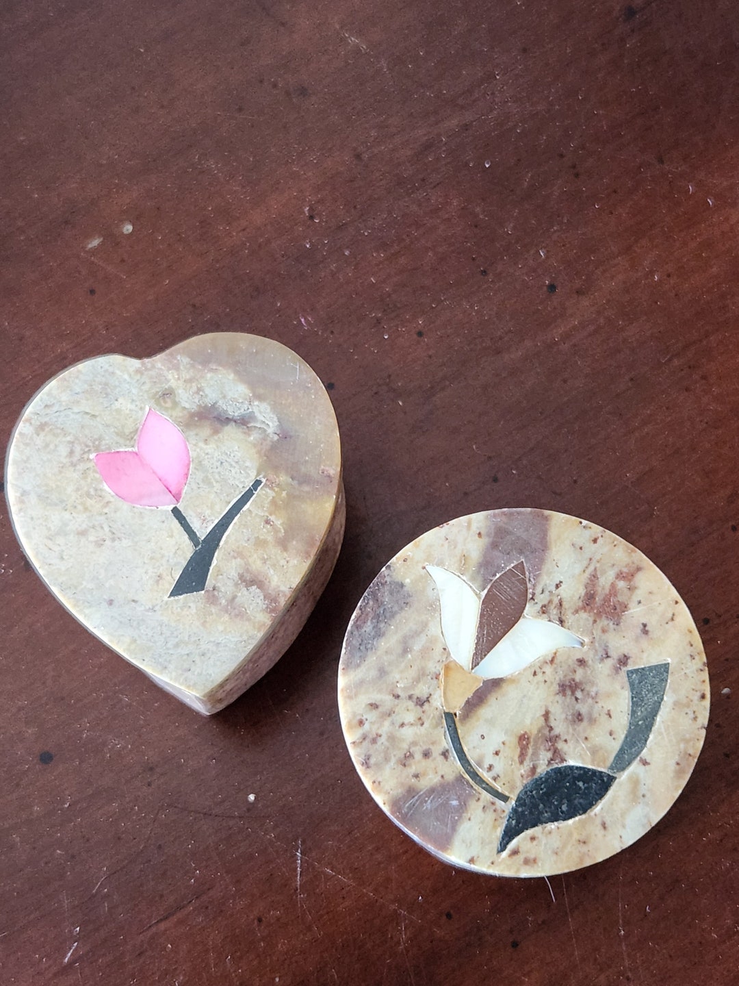 Ring Holders Soapstone Mother of Pearl Heart Shape and Round Lot of 2 ...