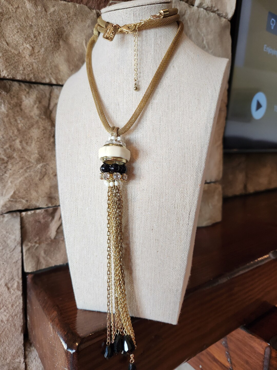Tassel Necklace off Park Gold Black Beige Faucet Beads Rhinestones Long ...