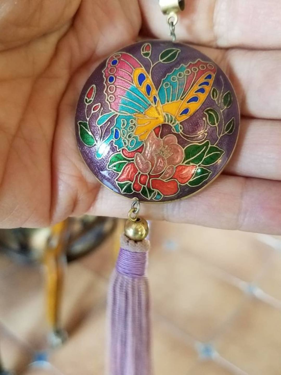 Cloisonne Asian Chinese Enamel Large Round Butterfly Pendant With ...