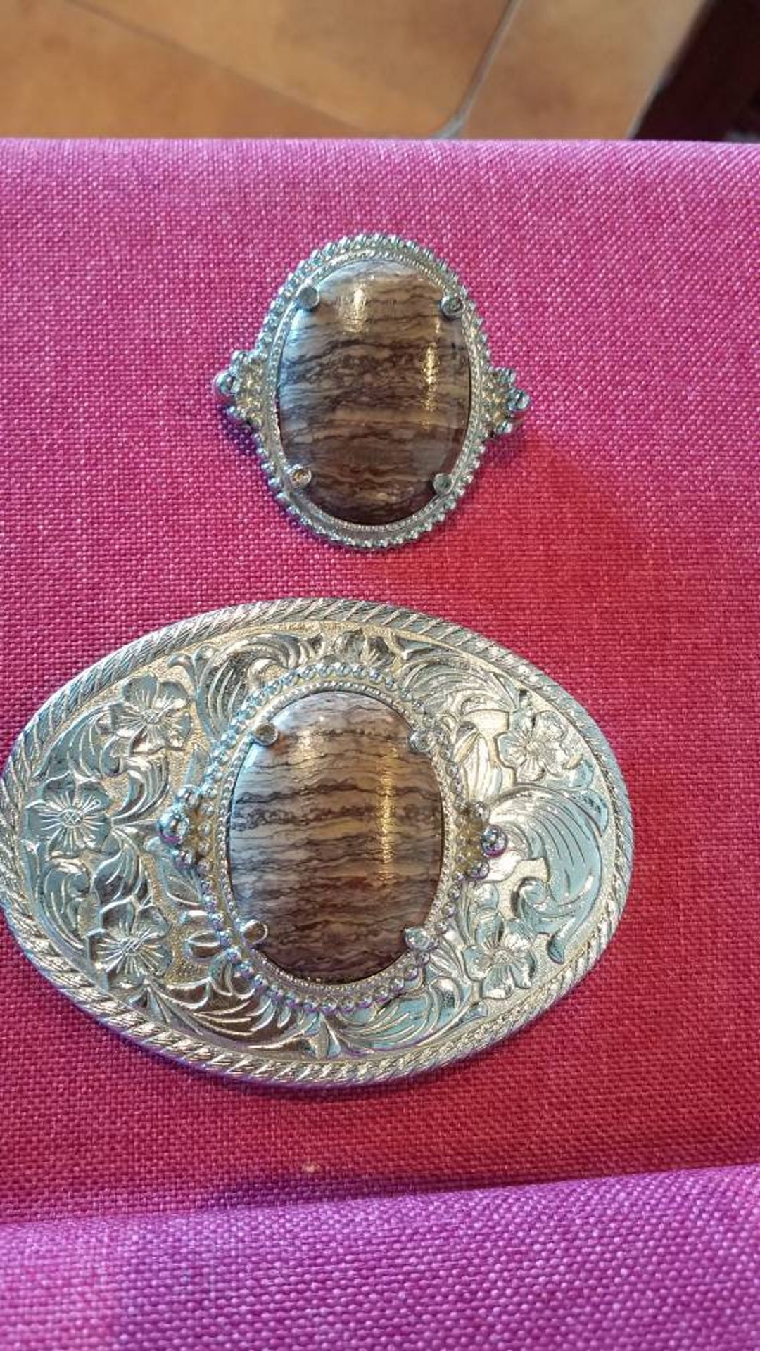 Belt Buckle With Matching Bolo Set Tie Jasper Agate With Silver Floral ...