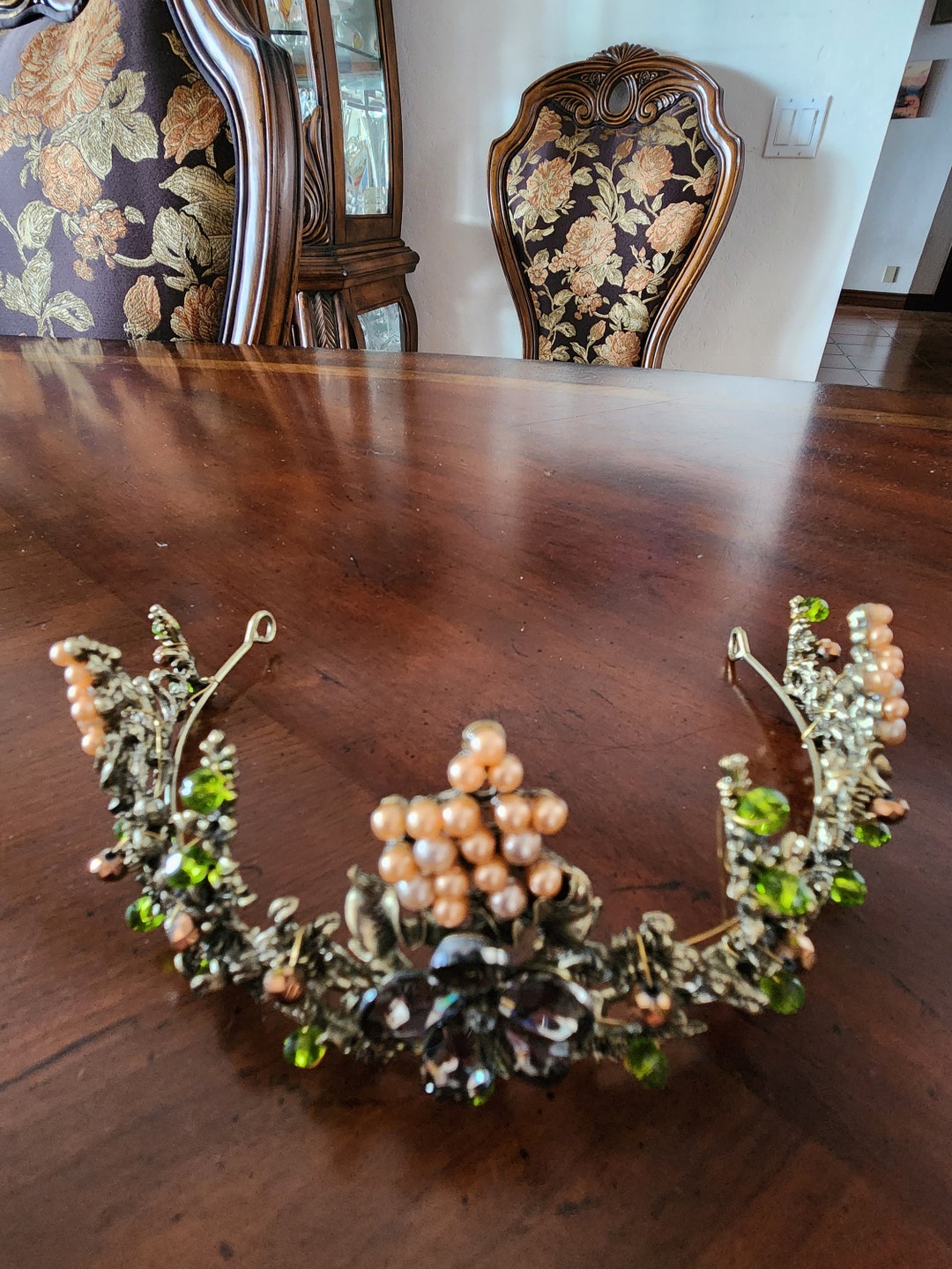 Tiara Peach Pearl's Green and Brown Rhinestones Brass Metal - Etsy