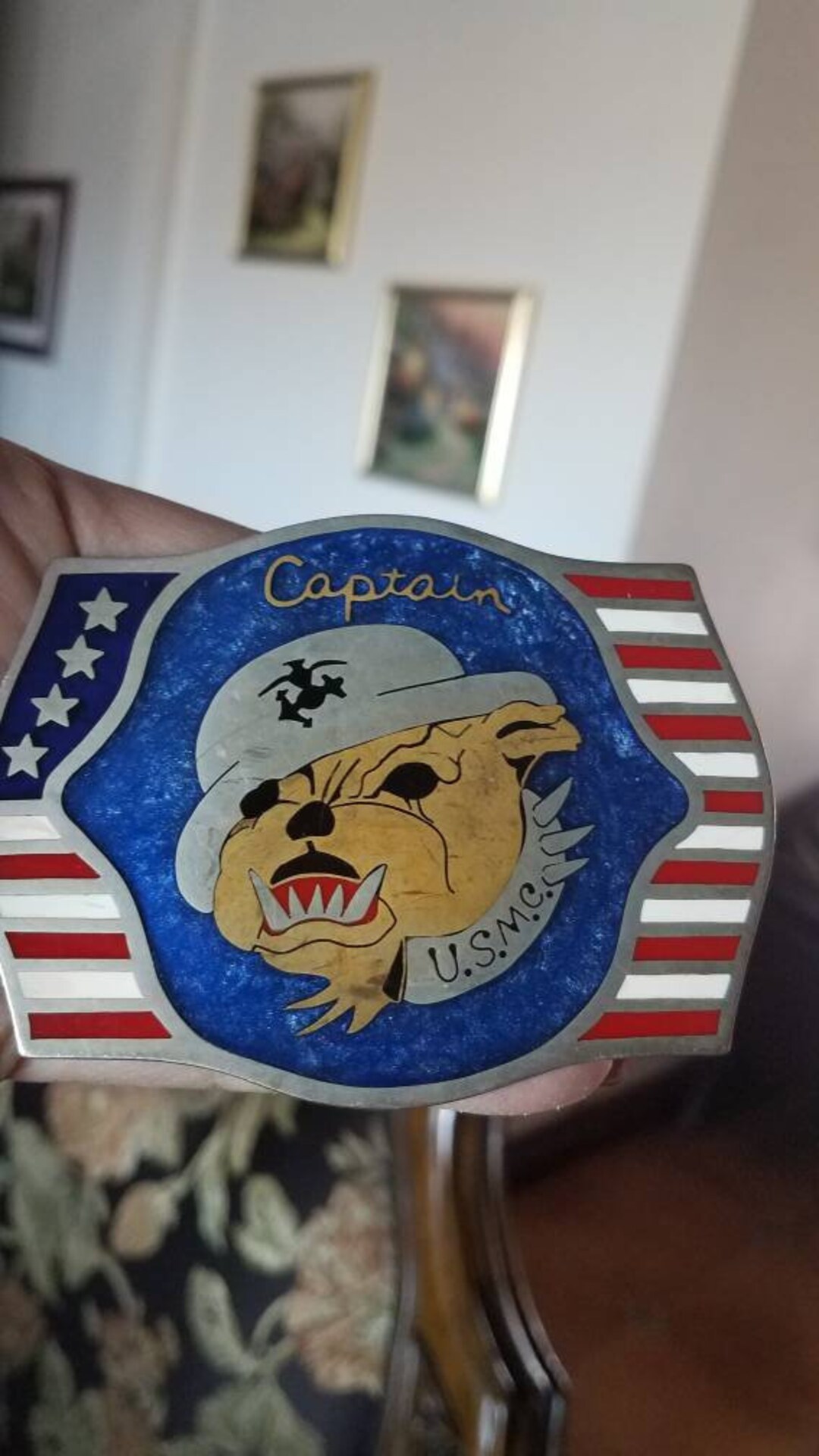 Belt Buckle Bulldog Marine Capt USMC Enameled Red White Blue Brown ...