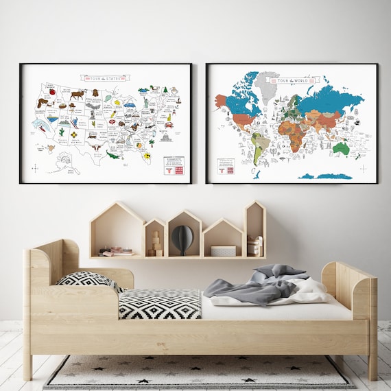 Tour the States Tour the World Posters US and World Maps | Etsy