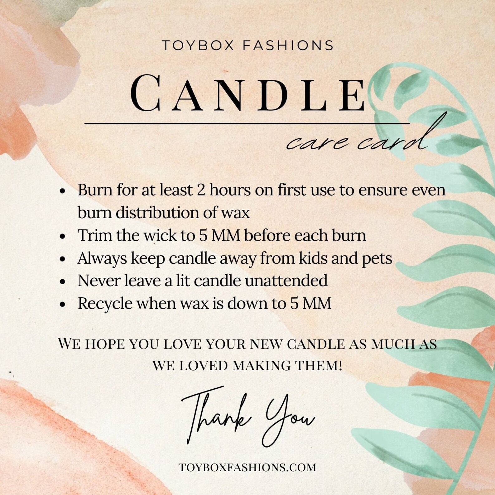 Customizable Candle Information Care Card Thank You Card Wax Melts ...