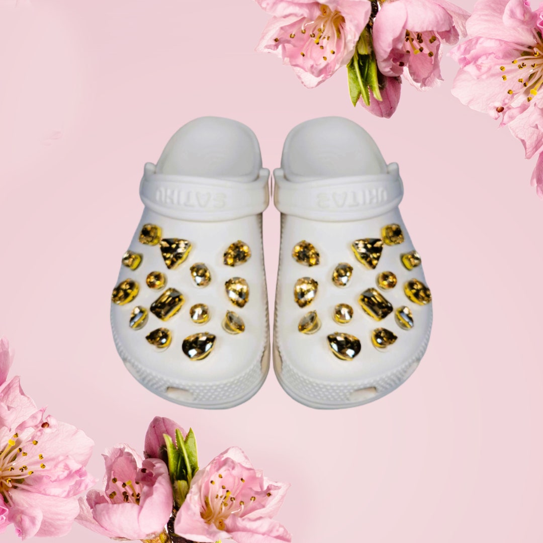 Luxury Glass Rhinestone Champagne Gold Claw Shoe Clogs Charms Gemstone ...