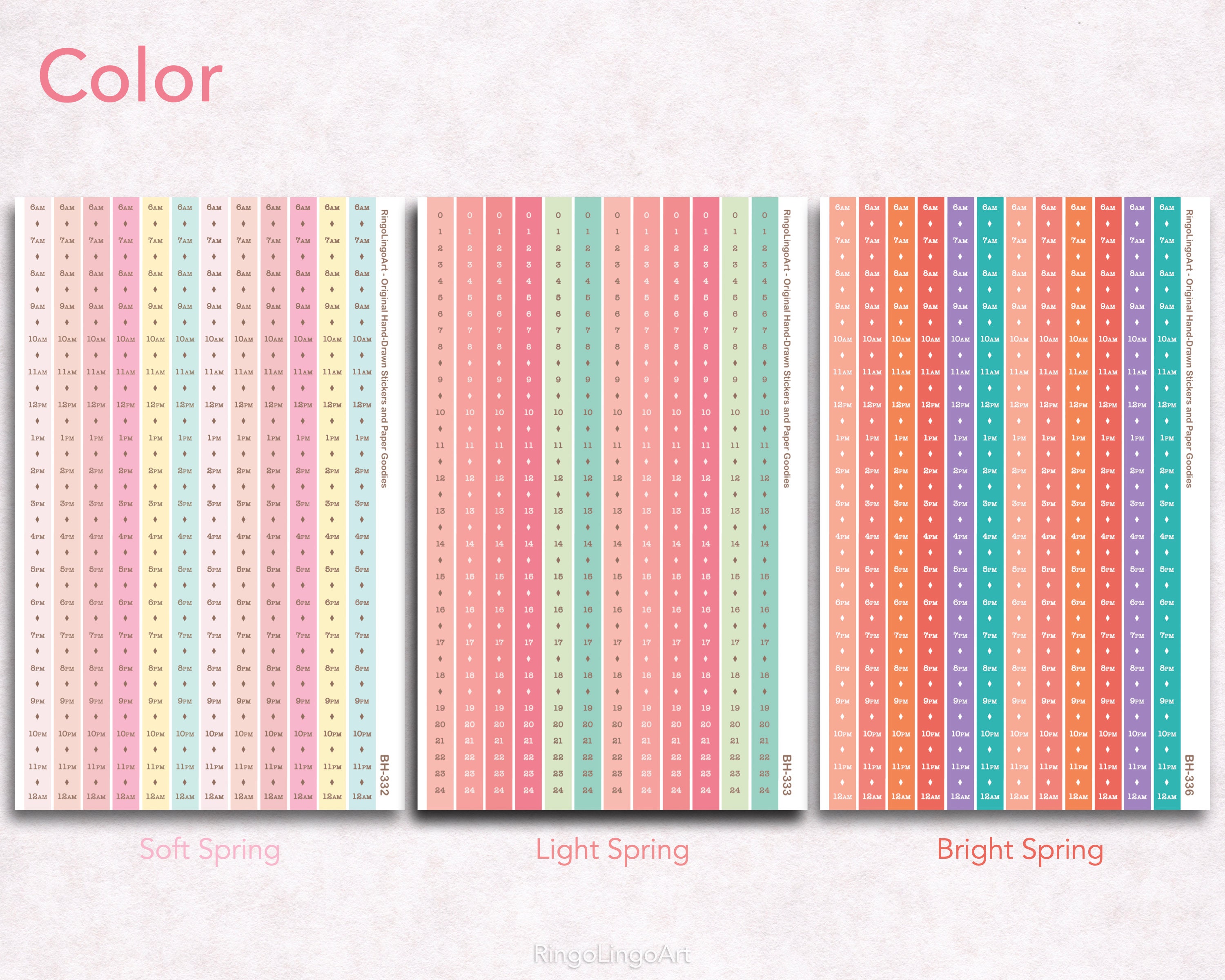 Spring Color Timeline Stickers for 5mm Grid / Hourly Log Stickers ...