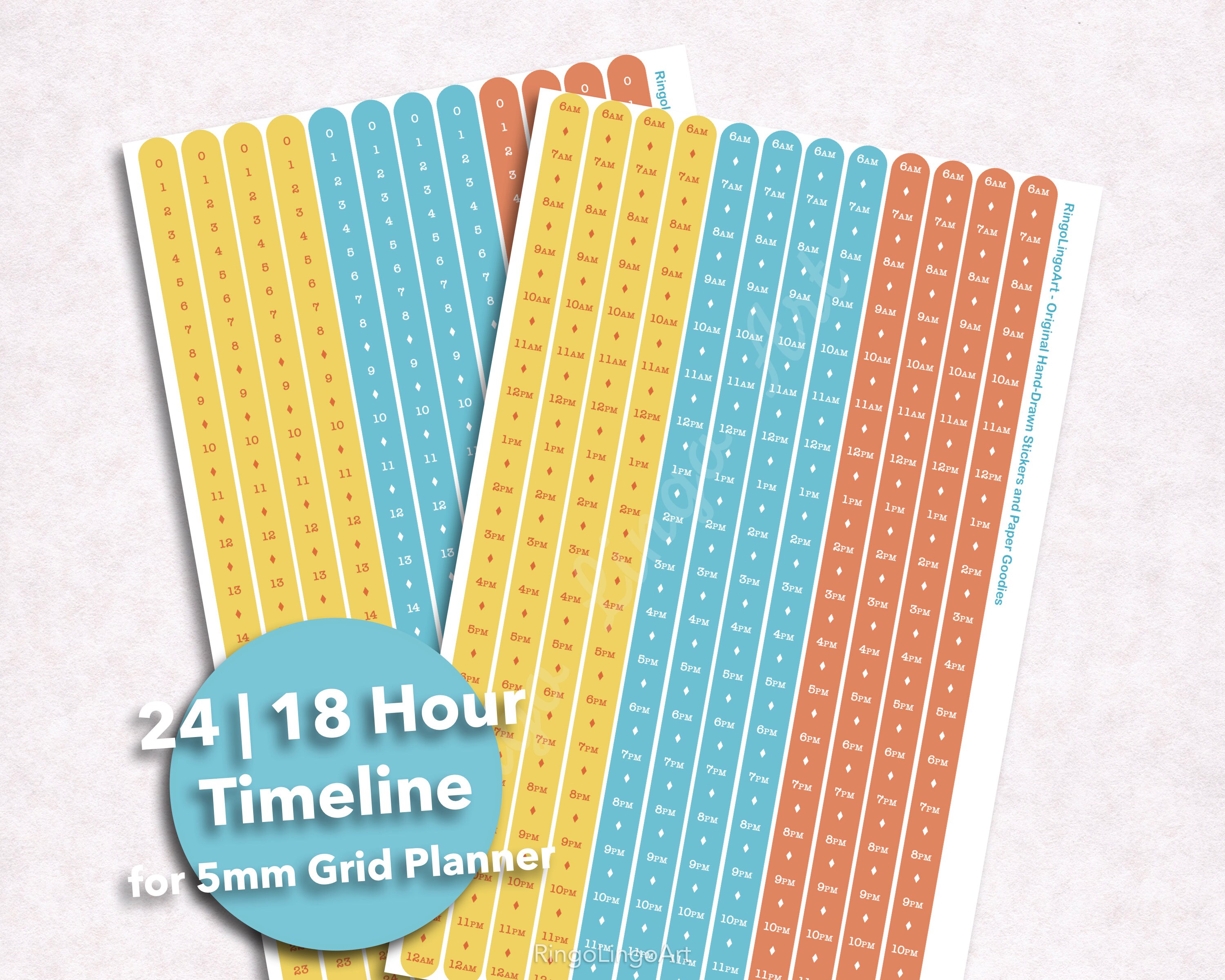 24 Hour Timeline Stickers for 5mm Grid / Hourly Log Stickers / Daily ...