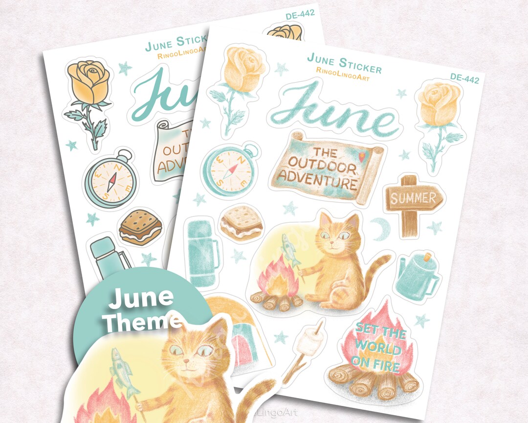 June Planner Sticker / June Clipart / Camping Cat Sticker / Yellow Rose ...
