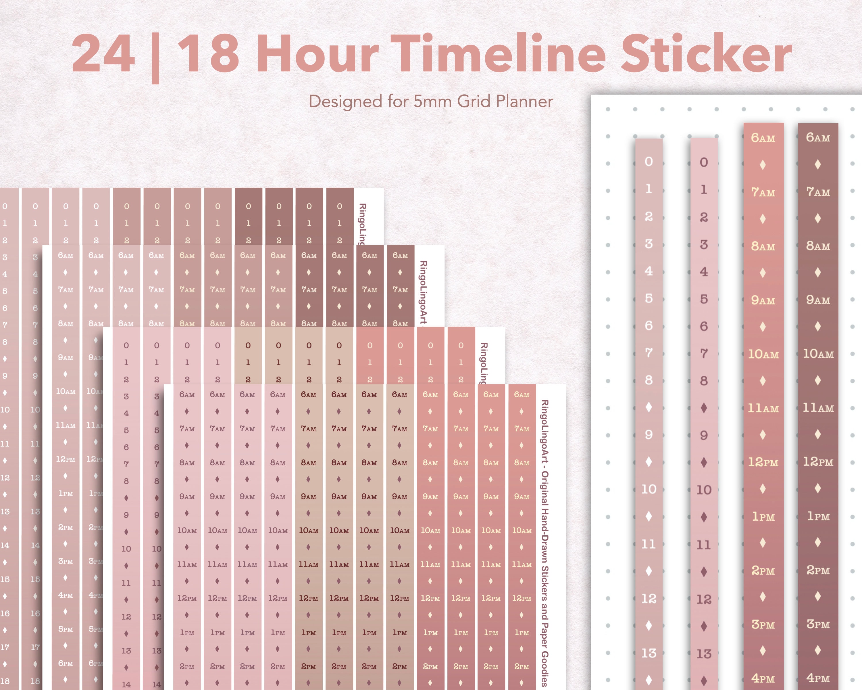 Neutral Pink Timeline Stickers for 5mm Grid / Hourly Log Stickers ...