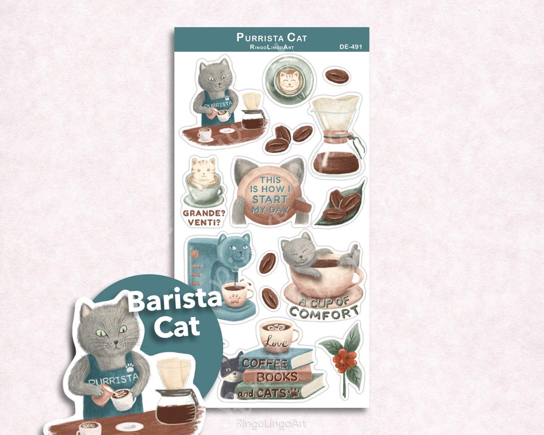 Barista Sticker Sheet / Coffee Theme Planner Sticker / Cat and Coffee ...