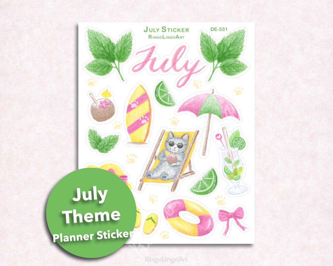 July Theme Sticker / July Clipart / Beach Cat Sticker / Mint Leaves ...