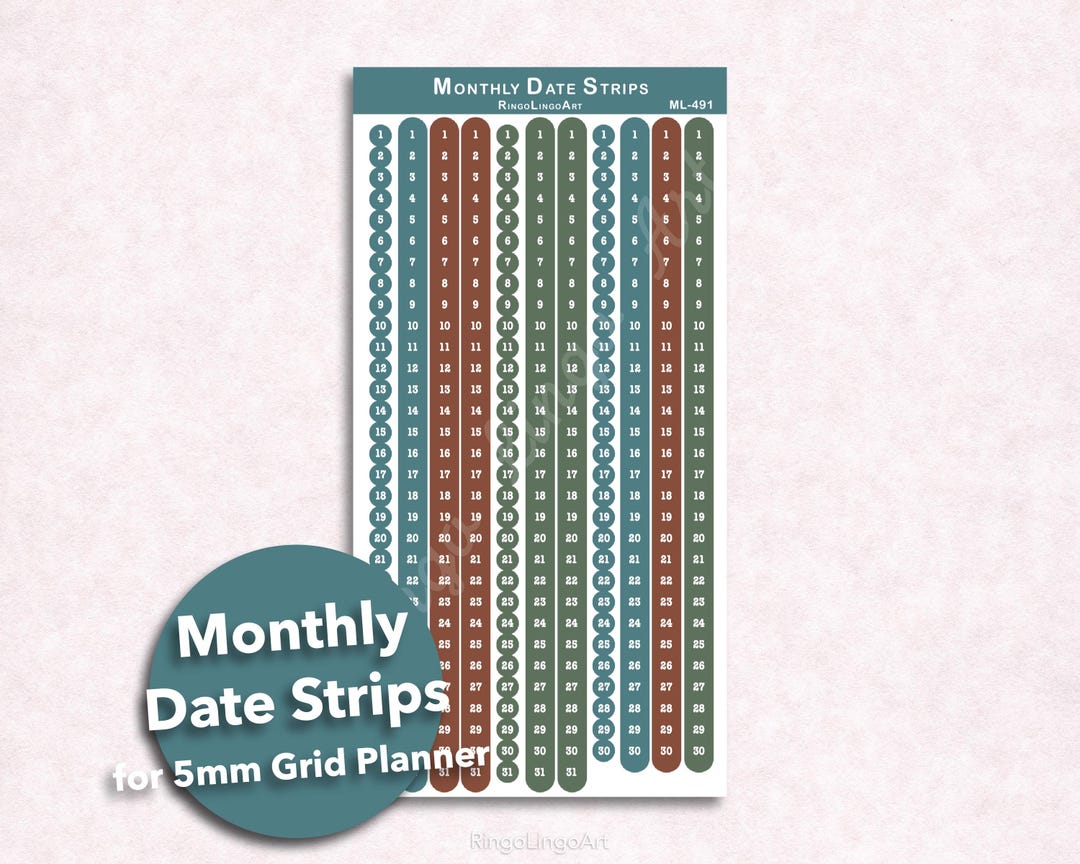 Green Blue Monthly Date Strips for 5mm Grid Planner / Monthly Date ...