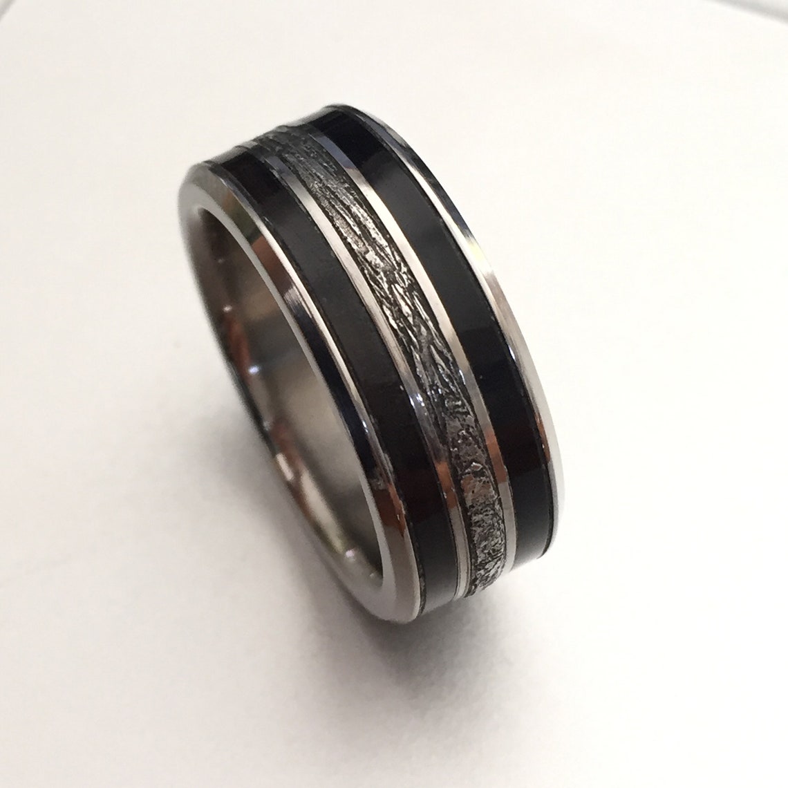 Titanium Ring With Meteorite and Double Black Inlay - Etsy