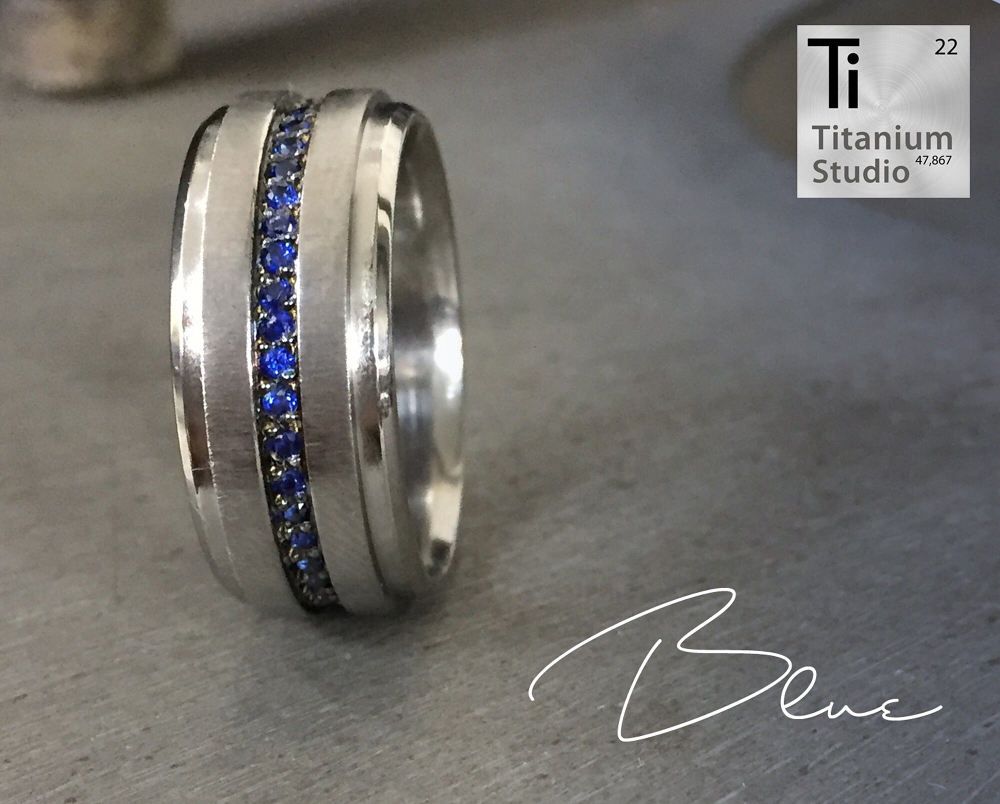 Titanium Ring With Full Eternity Blue Corundum Stone Inlay - Etsy