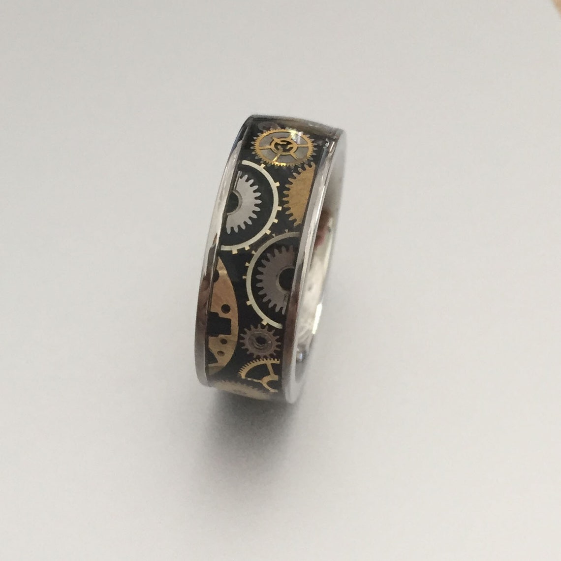 Vintage Steampunk Gear Mens Ring in Titanium With Black - Etsy