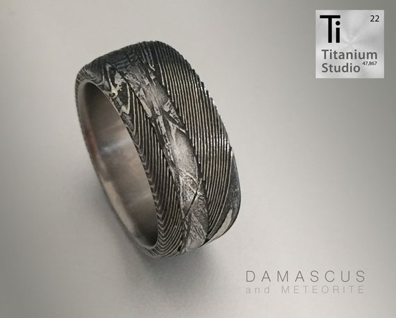 Titanium ring with Meteorite and Damascus Steel inlay | Etsy