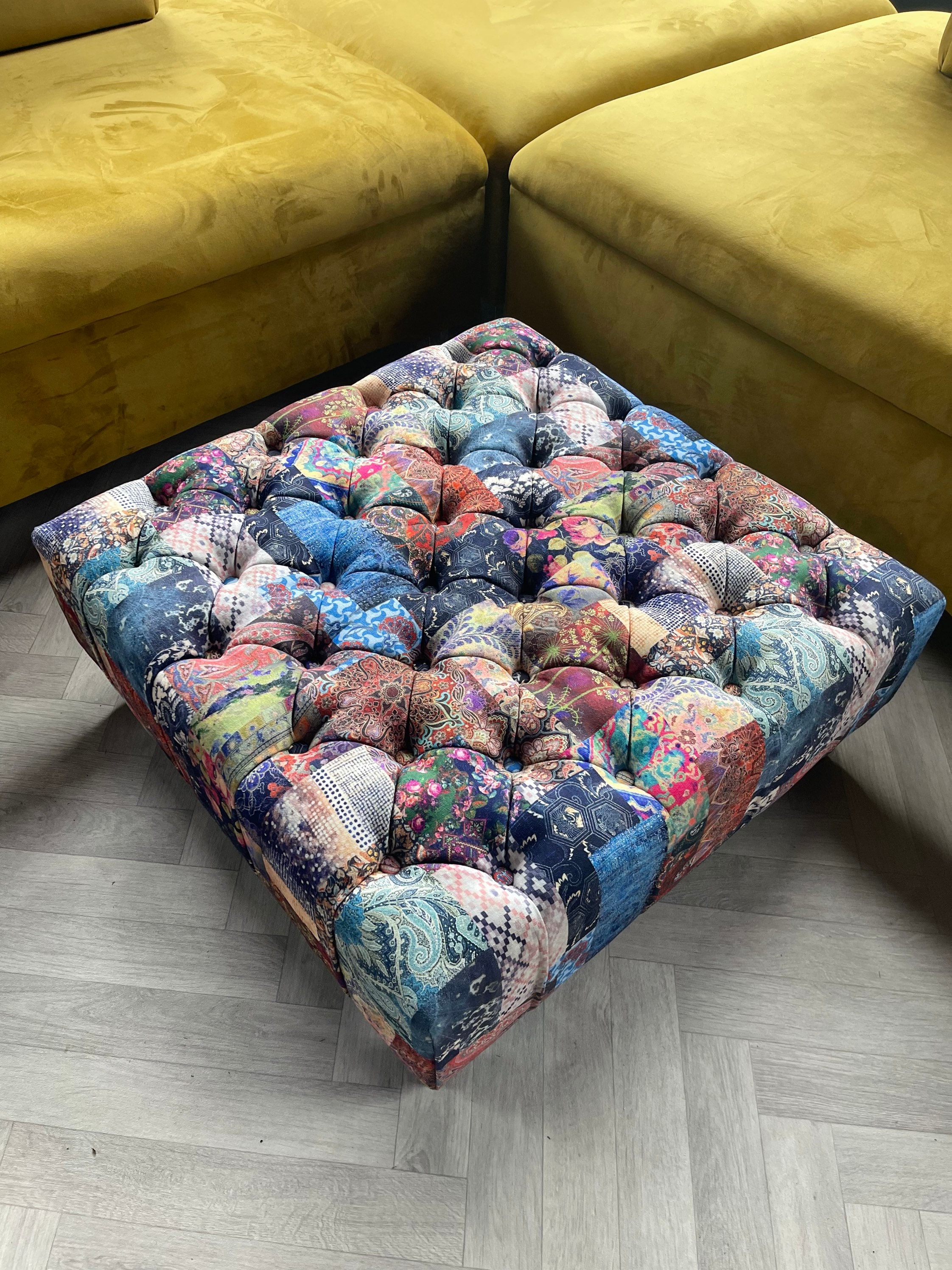 Handmade Patchwork Printed Fabric Footstool for Living Room SQUARE Side Table Pouffe Bench Upholstered Chesterfield Ottoman Etsy UK