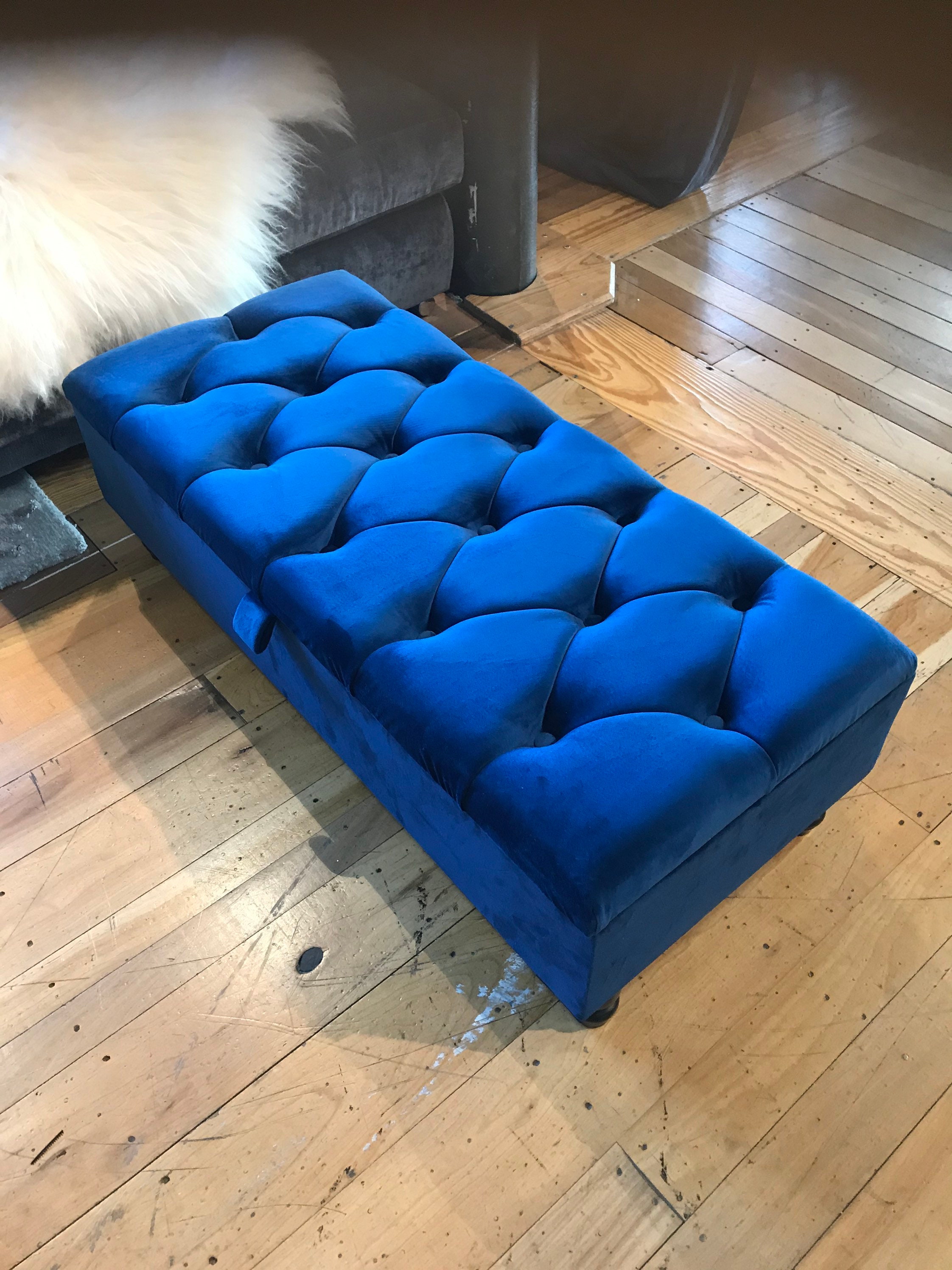 Blue Ottoman Footstool Storage Bench Handmade Plush soft Velvet Chesterfield Upholstered Quality Coffee Table Footrest Kids Toys Storage Etsy