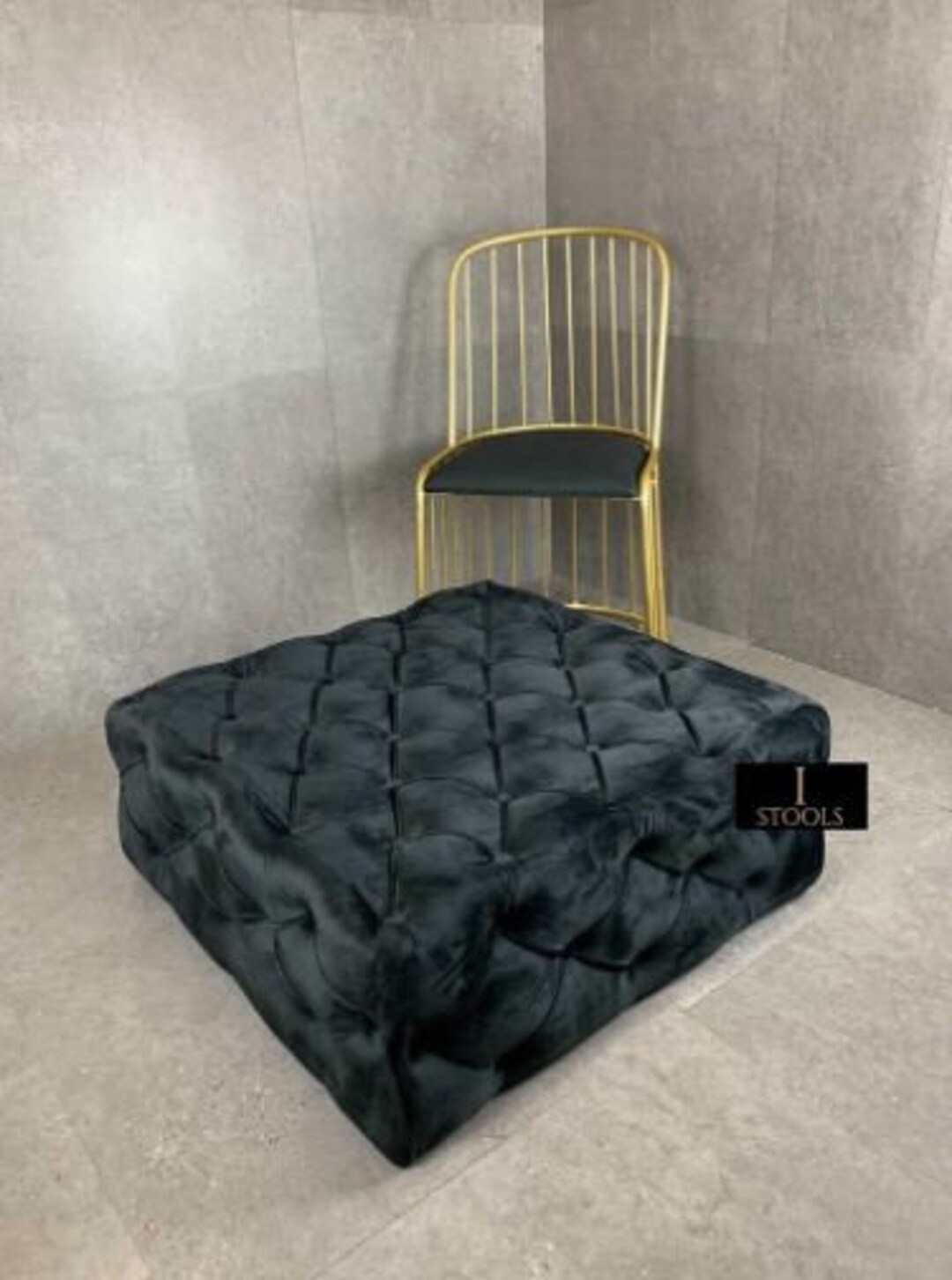 Black Square Coffee Table Black Velvet Chesterfield Pouffe & Coffee ...