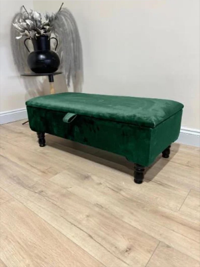 Green Plain Ottoman Storage Bench Velvet Green Footstool UK Dark Green ...