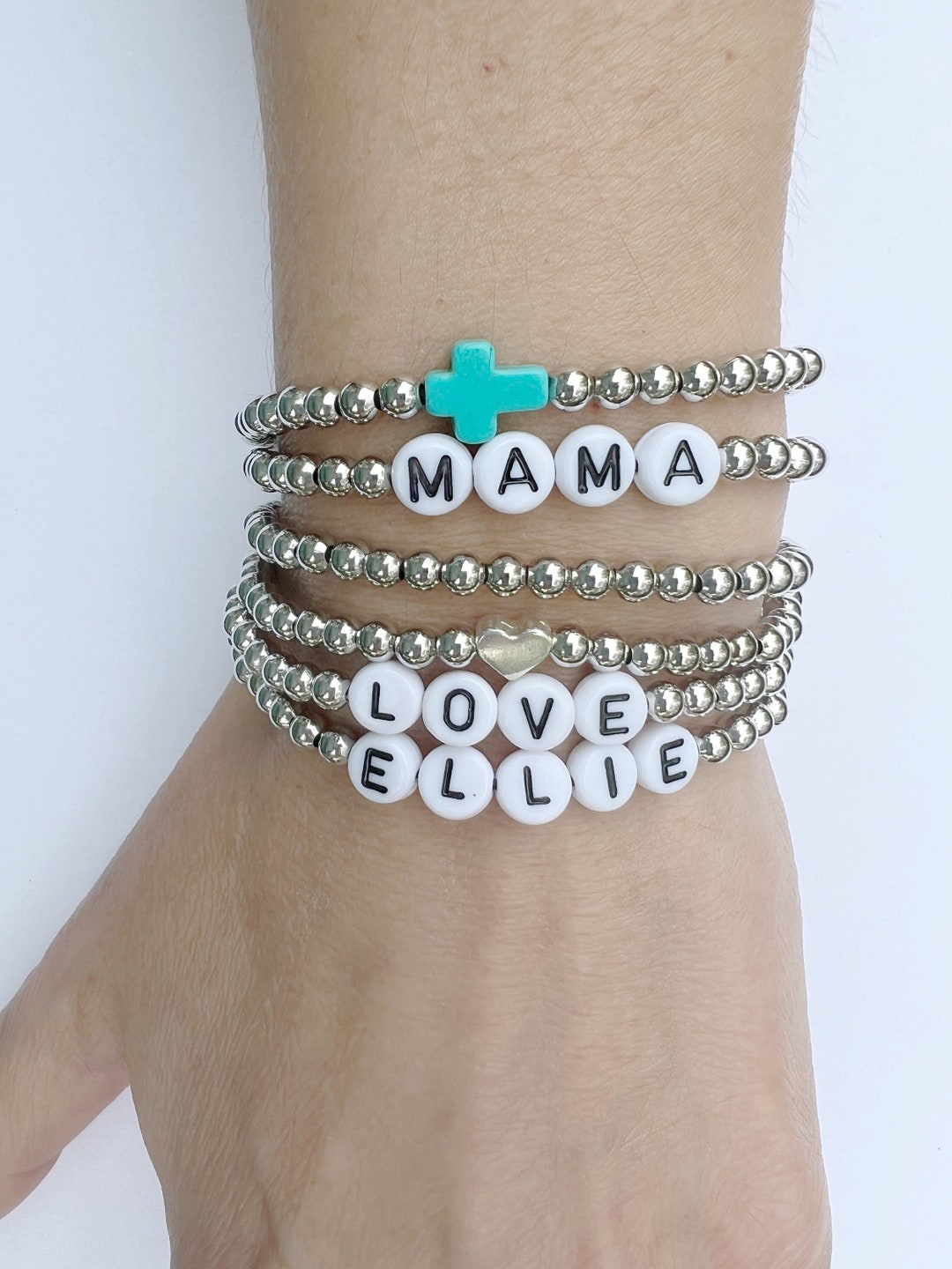 Custom Word Silver Beaded Bracelet • Mom Bracelets Stack • Mothers ...